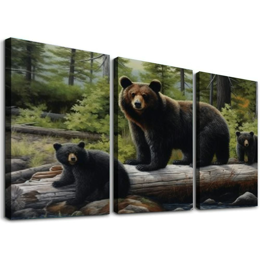COMIO Funny Rustic Black Bear Canvas Wall Art Prints Stretched and Framed,Cubs Family Theme ...