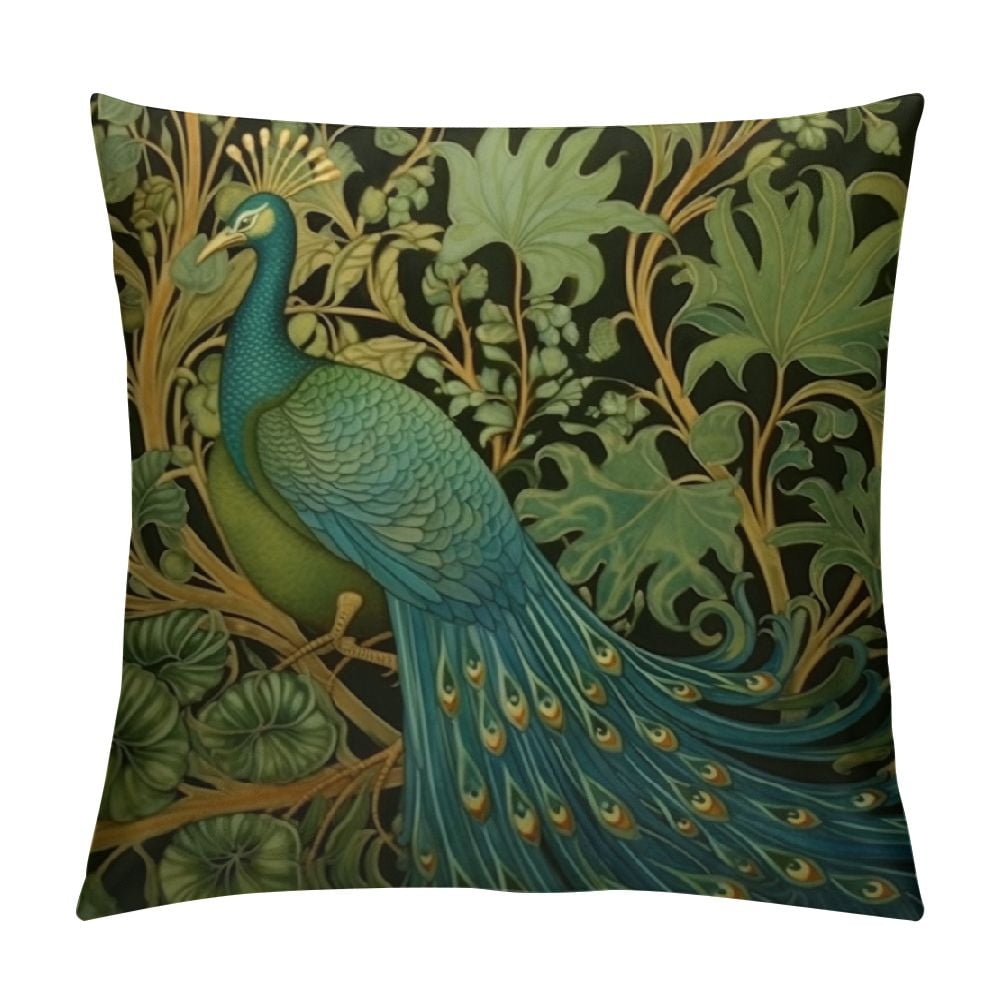 MLJA Peacock Throw Pillow Cushion Chinoiserie Bird and Flower Green ...