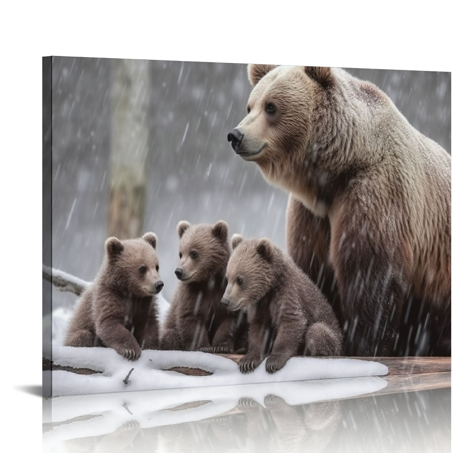 COMIO Grizzly Bear Wall Art Decor: Grey Bear Mama and Cubs Framed ...
