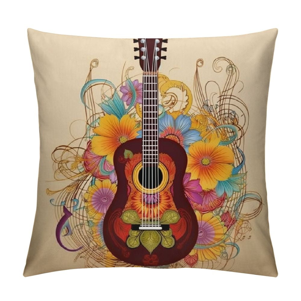 COMIO Guitar Decorative Throw Pillow Musical Theme Guitar with Flower ...
