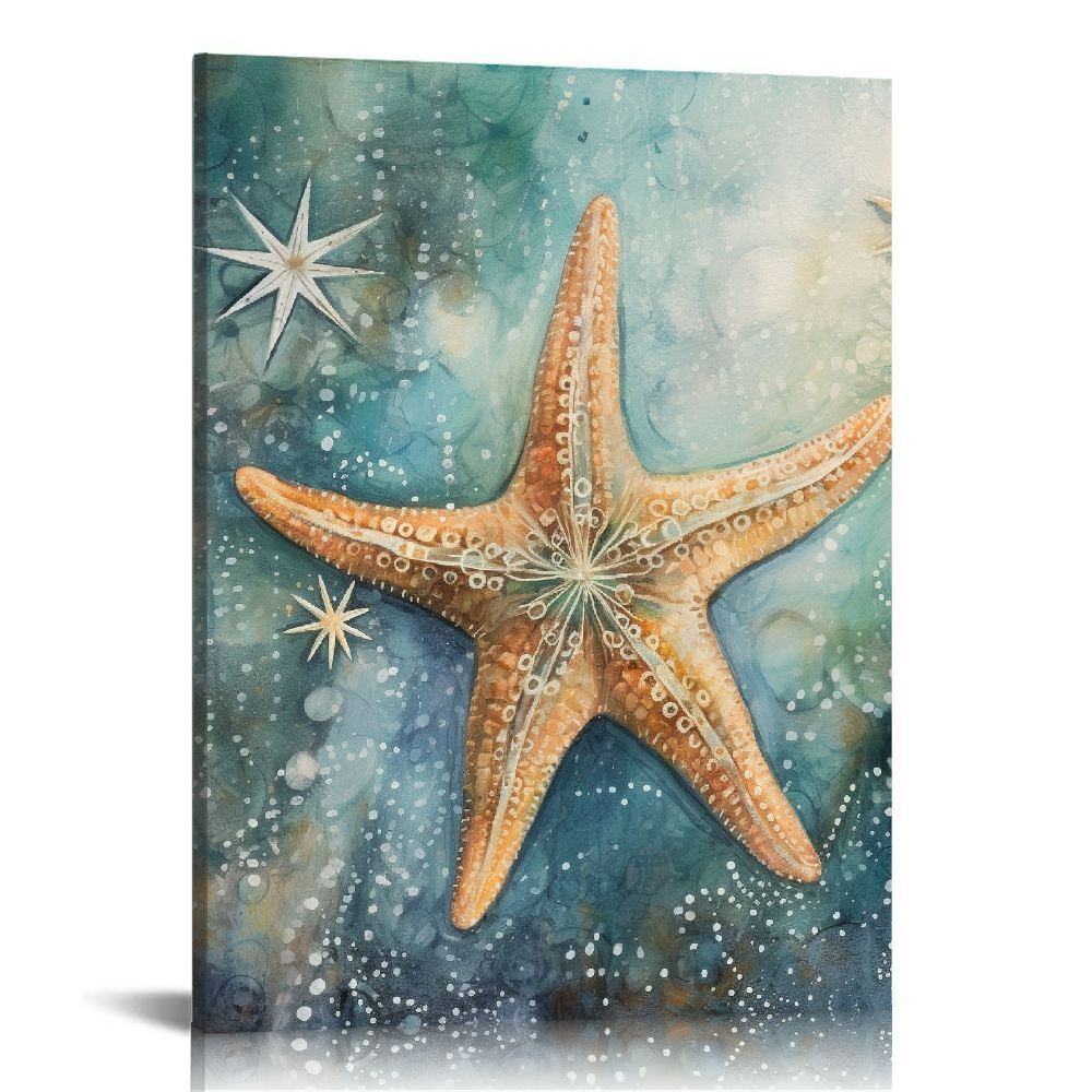 COMIO Hand-Painted Teal Starfish on Beach with Gold Foil Canvas Wall ...