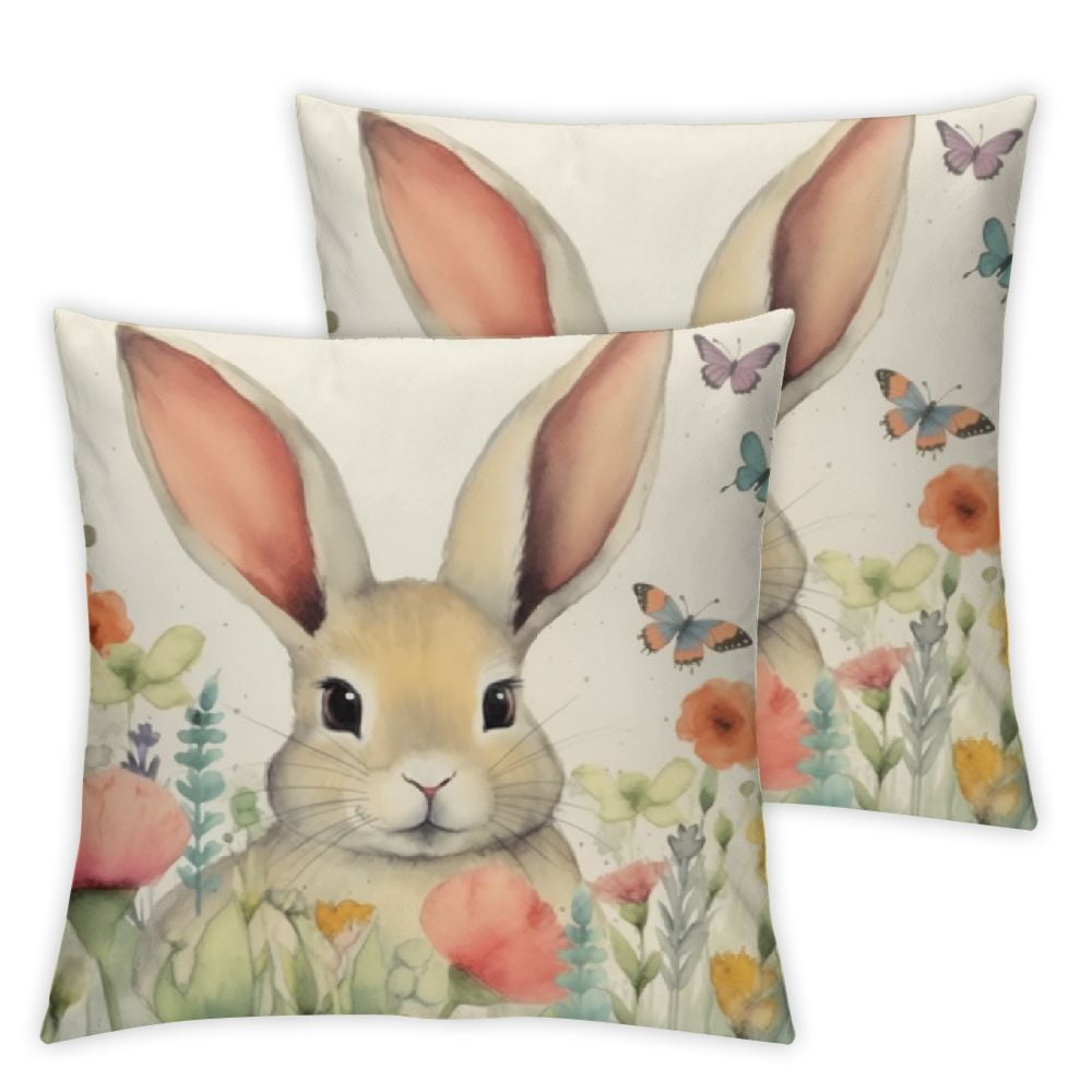 COMIO Happy Easter Bunny Pillow Covers Rabbit Flower Leaves Butterfly ...