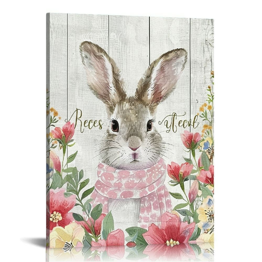 COMIO Happy Easter Canvas Wall Art - Bunny Rabbit Easter Spring Flower ...