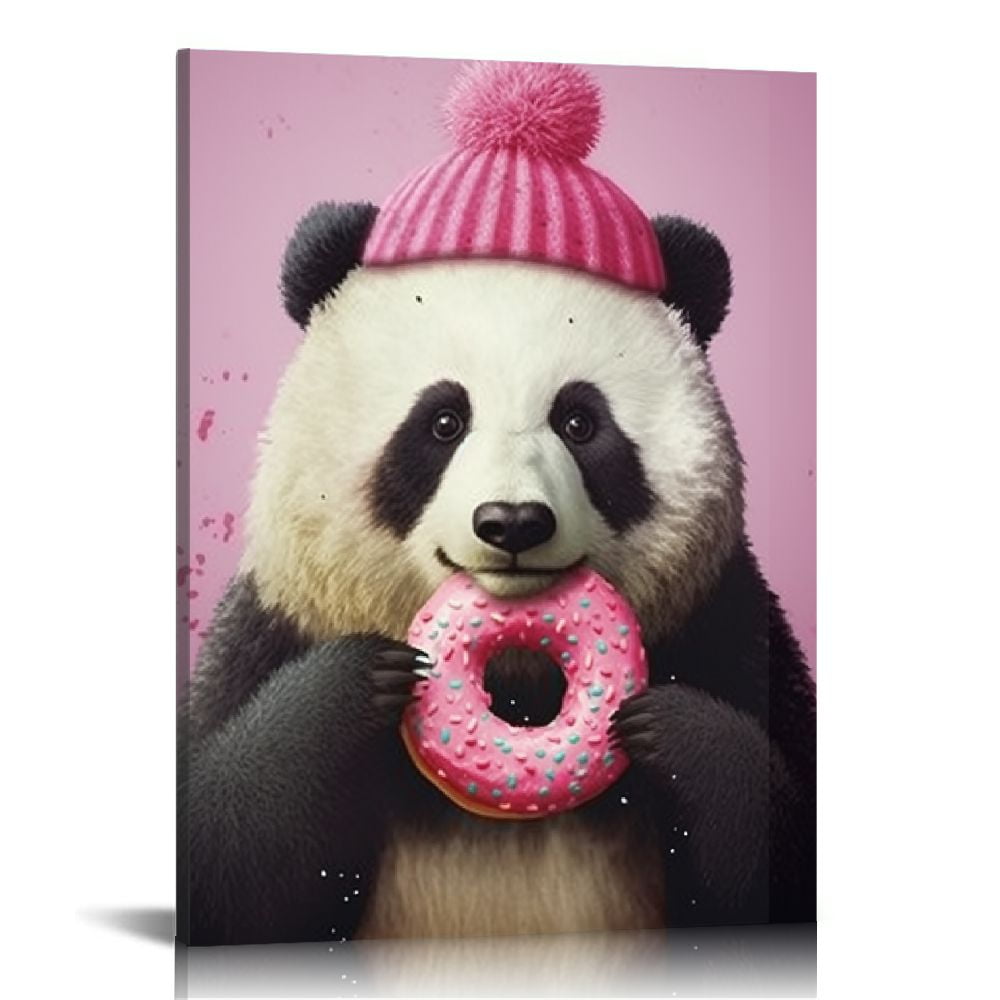 COMIO Happy Panda Bear with Pink Sprinkle Donut, Designed Canvas Wall ...