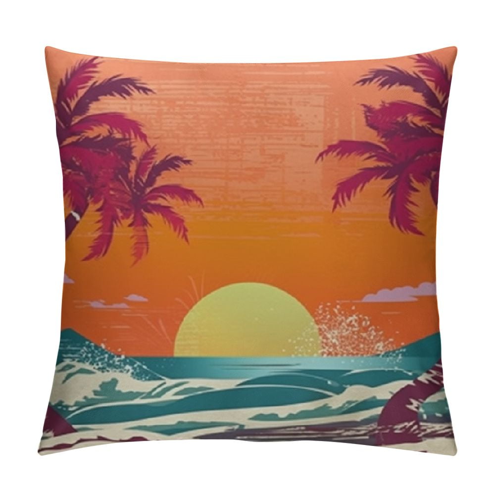 COMIO Hawaii Beach Throw Pillow Cover Vintage Palm Tree Sun Tropical ...
