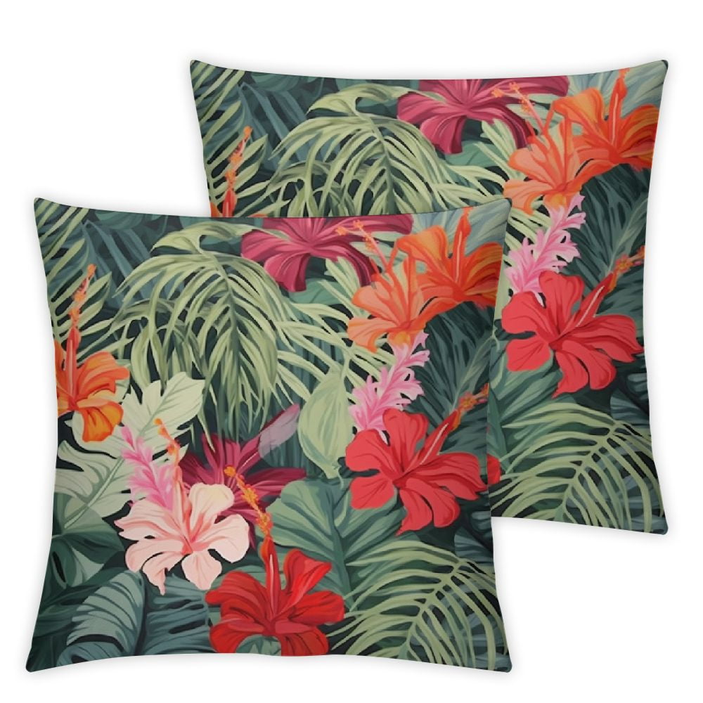 COMIO Hawaii Throw Pillow Cover Retro Tropical Hibiscus Flowers Leaves ...
