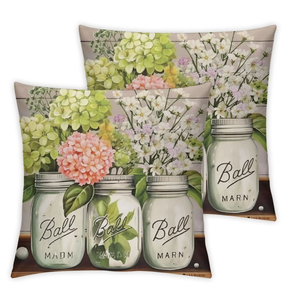 COMIO Hello Spring Pillow Covers Hydrangea Flower Mason Jar Floral ...