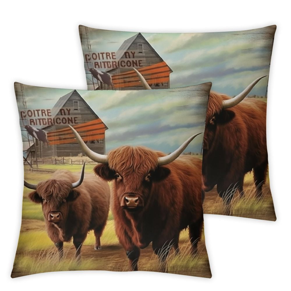 COMIO Highland Cow Pillow Covers,Retro Farmhouse Cattle Animal Throw ...