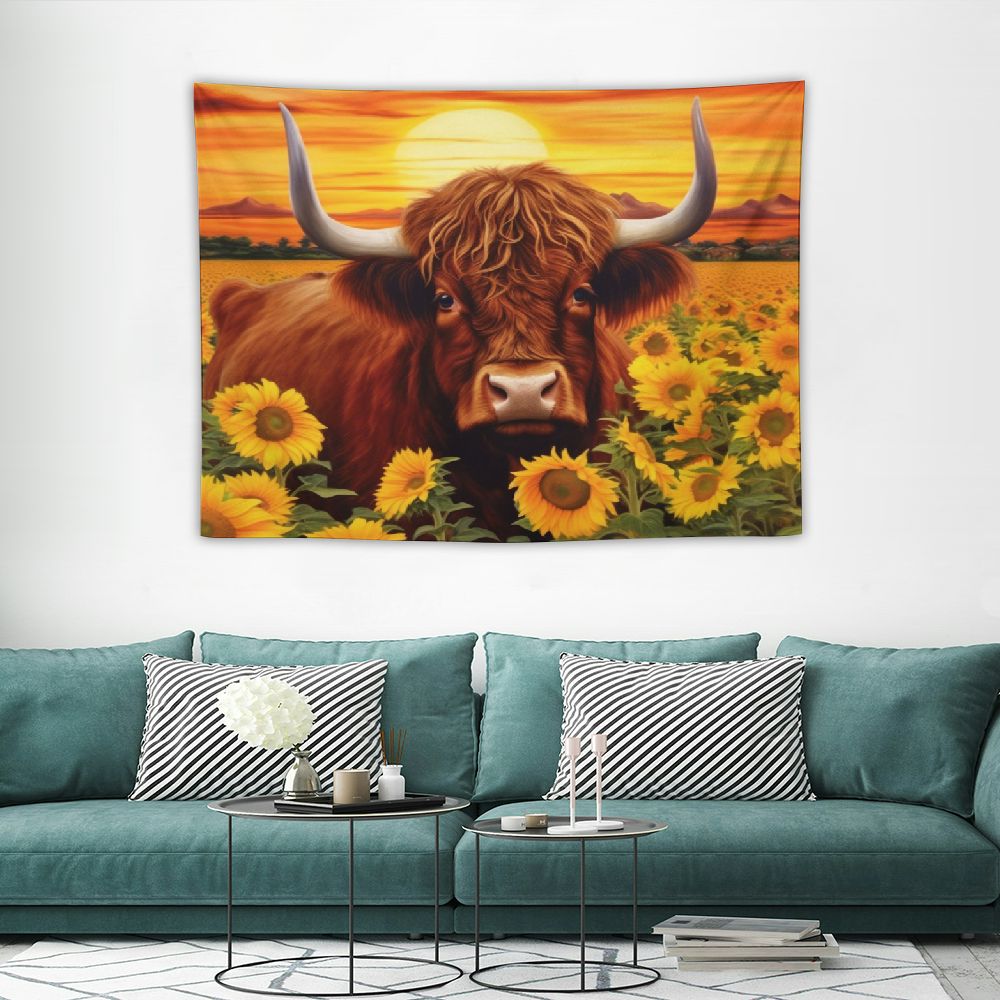 COMIO Highland Cow Tapestry Wall Hanging Kids Sunflower Cattle Wall Art ...