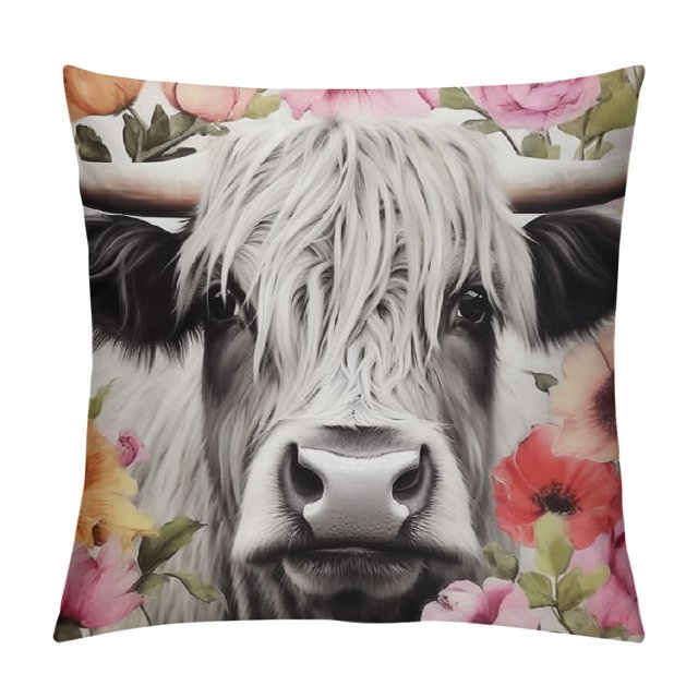 COMIO Highland Cow Throw Pillow Covers, Bull Cattle Farmhouse Cushion ...