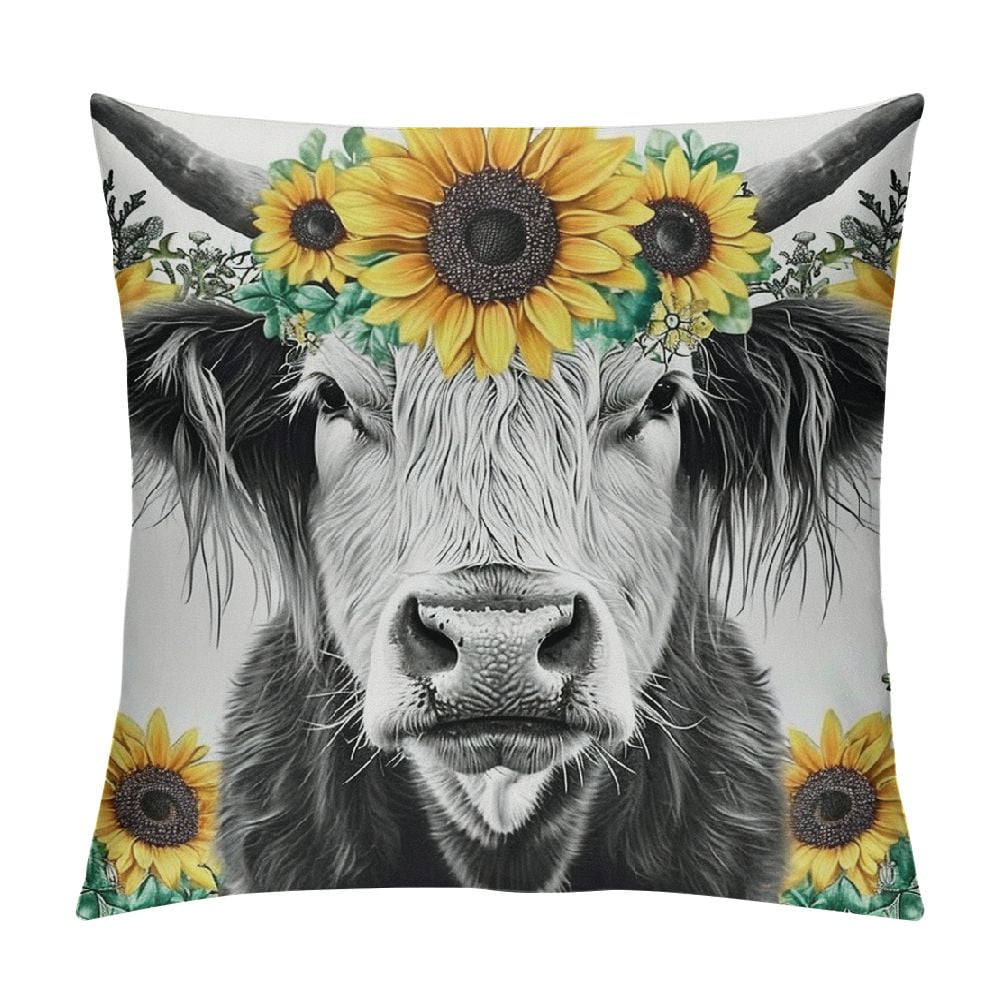Comio Highland Cow Throw Pillow Covers Highland Cattle Sunflower