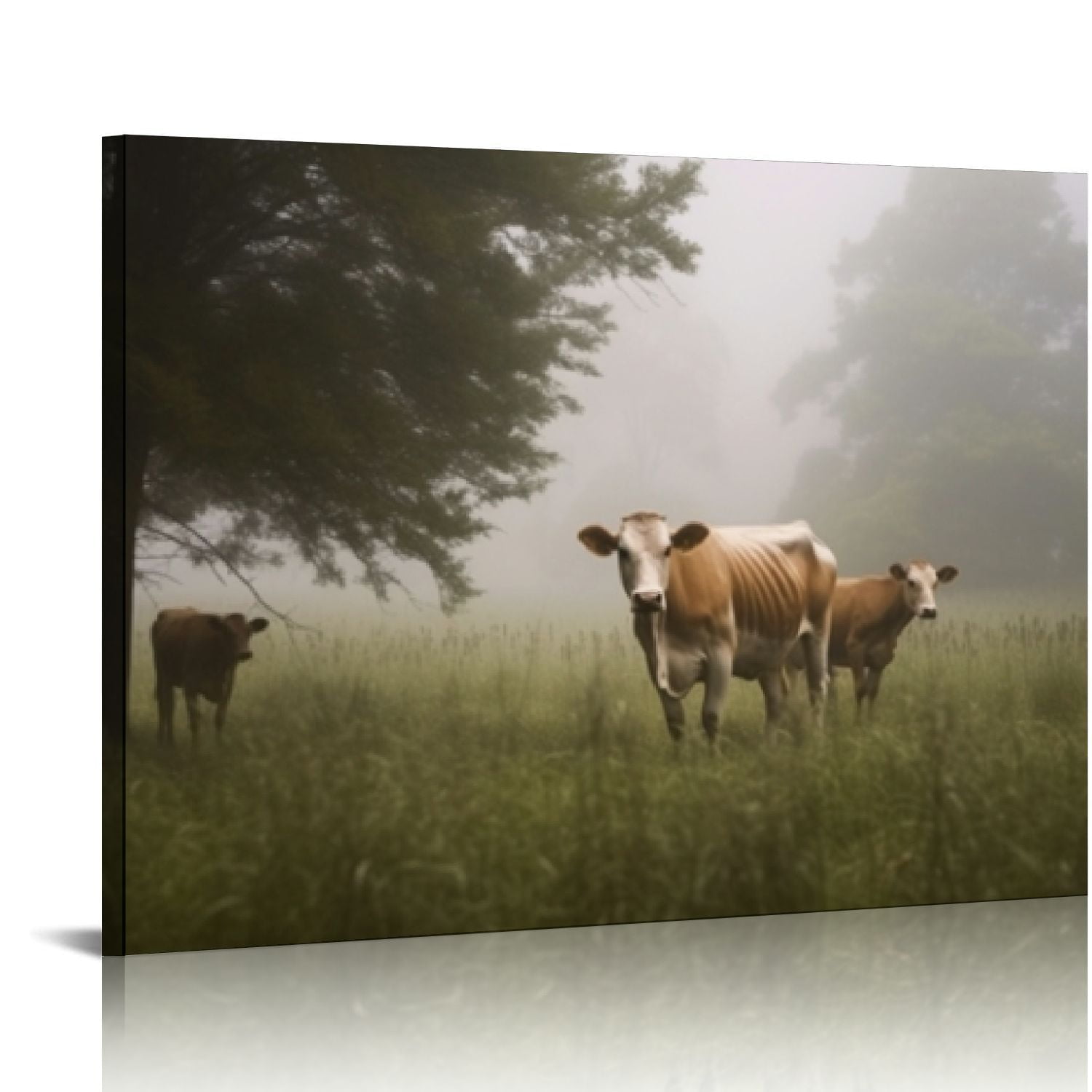 COMIO Highland Cow in a Foggy Trees Art Canvas Print Canvas Decoration ...