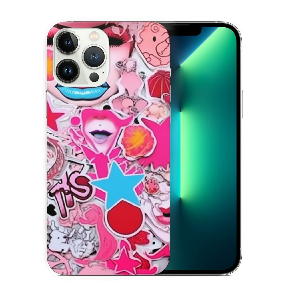 COMIO Hippie Pink Aesthetic Case Compatible with iPhone 14 Pro, Vintage Pink Smile Face Collage ...