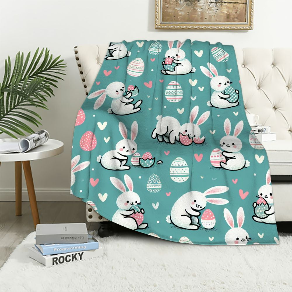 QZHH Home Decor Bunny Velvet Throw Blanket: Colorful Bunnies on The Egg ...