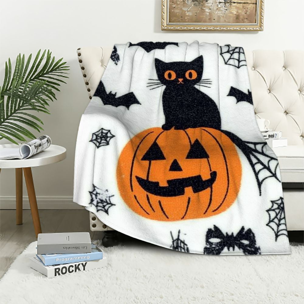 COMIO Home Halloween Blanket Throw: Fuzzy Boo! Jack O'Lantern Spider ...