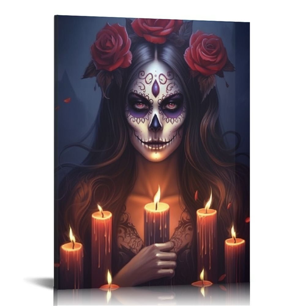 COMIO Horror Sugar Skull Girl Candle Canvas Wall Art Skull Skeleton ...