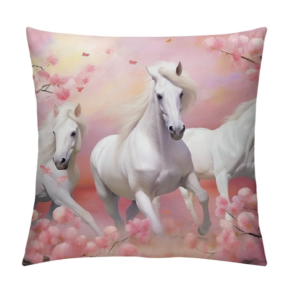 COMIO Horse Throw Pillow Cover Cherry Blossoms Pillow Cover For Bed ...