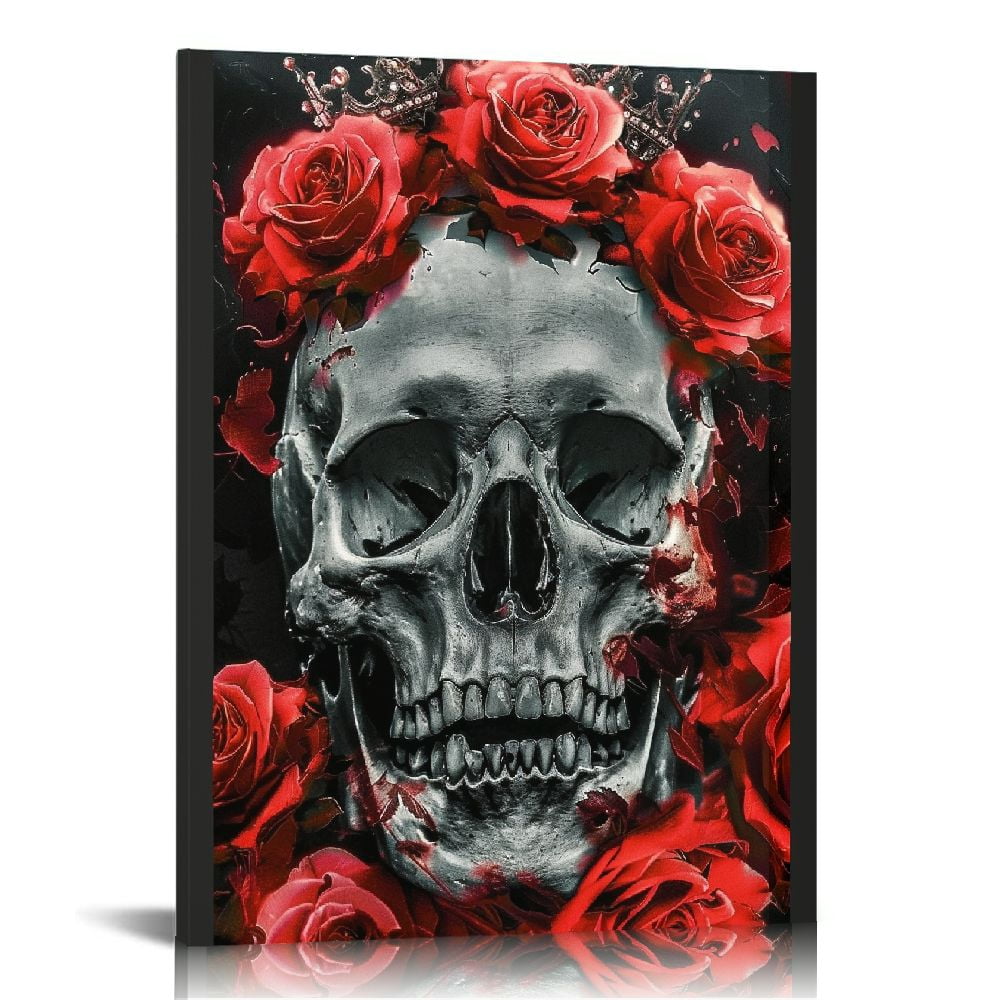 COMIO Human Skull Canvas Wall Art Sugar Skull with Red Rose Flower ...