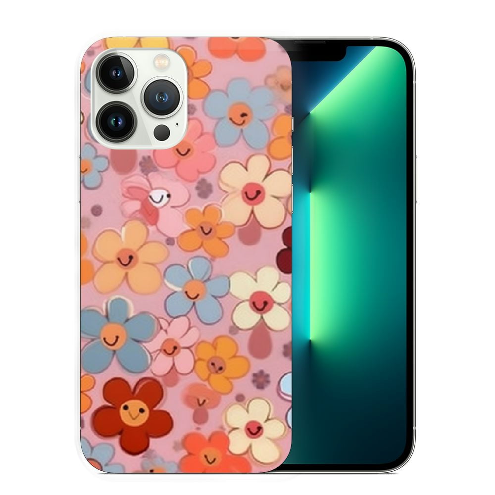 COMIO Indie Smile Face Daisy Phone Case Compatible with iPhone 15, Hippie Brown White Pink Smile ...