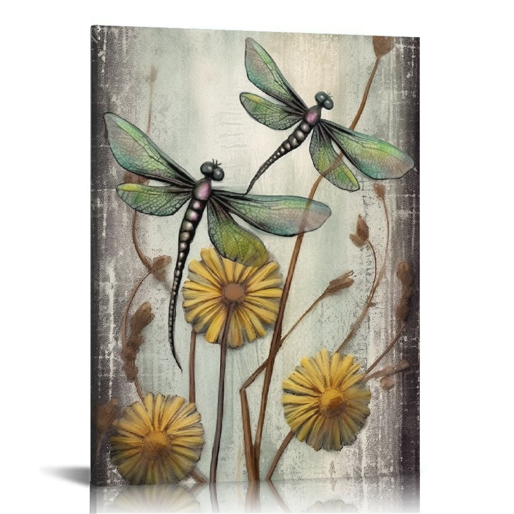 COMIO Insect Canvas Wall Art Animal Dragonfly with Dandelion Reed ...
