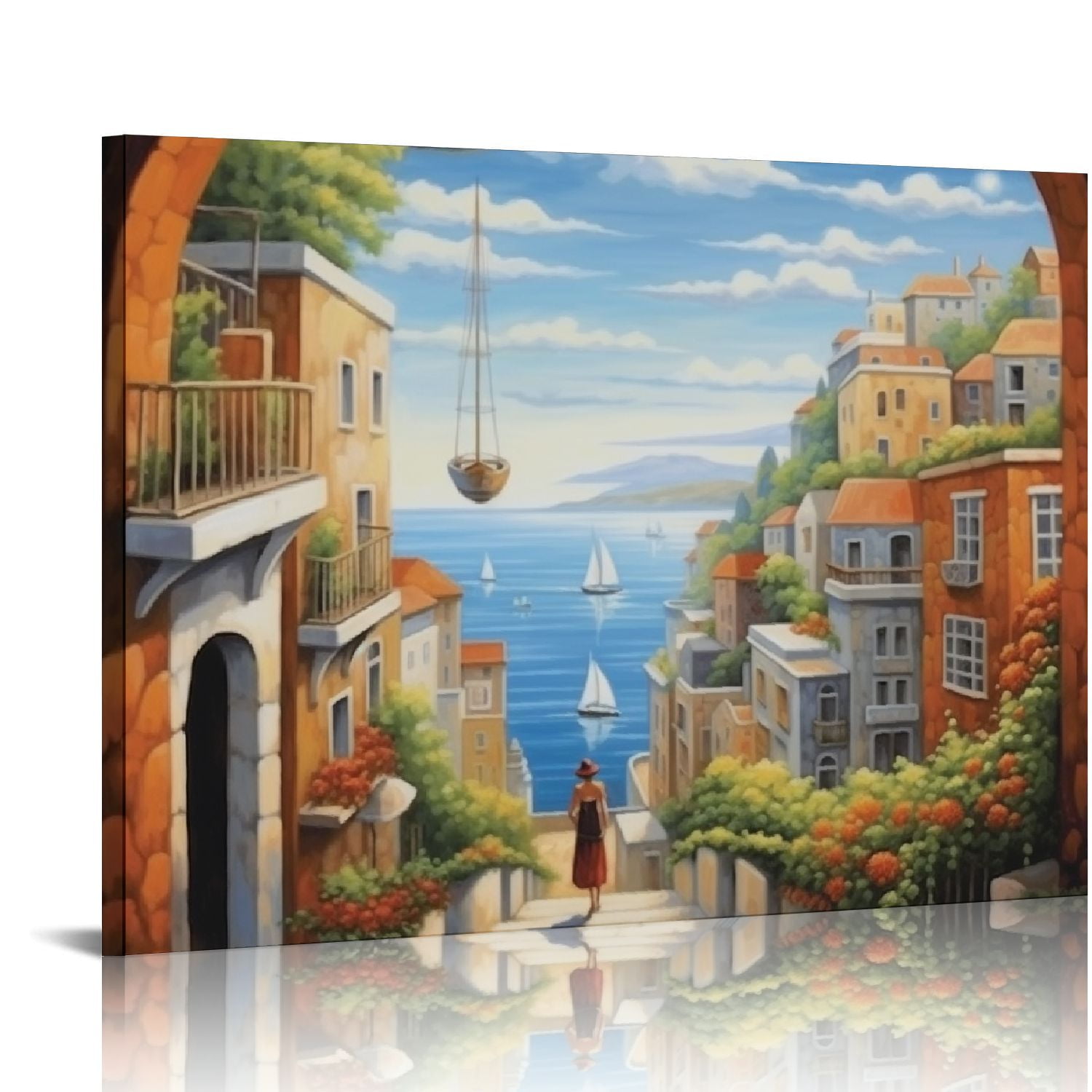 COMIO Italian Town Canvas Wall Art Coastal Village Painting Artwork ...