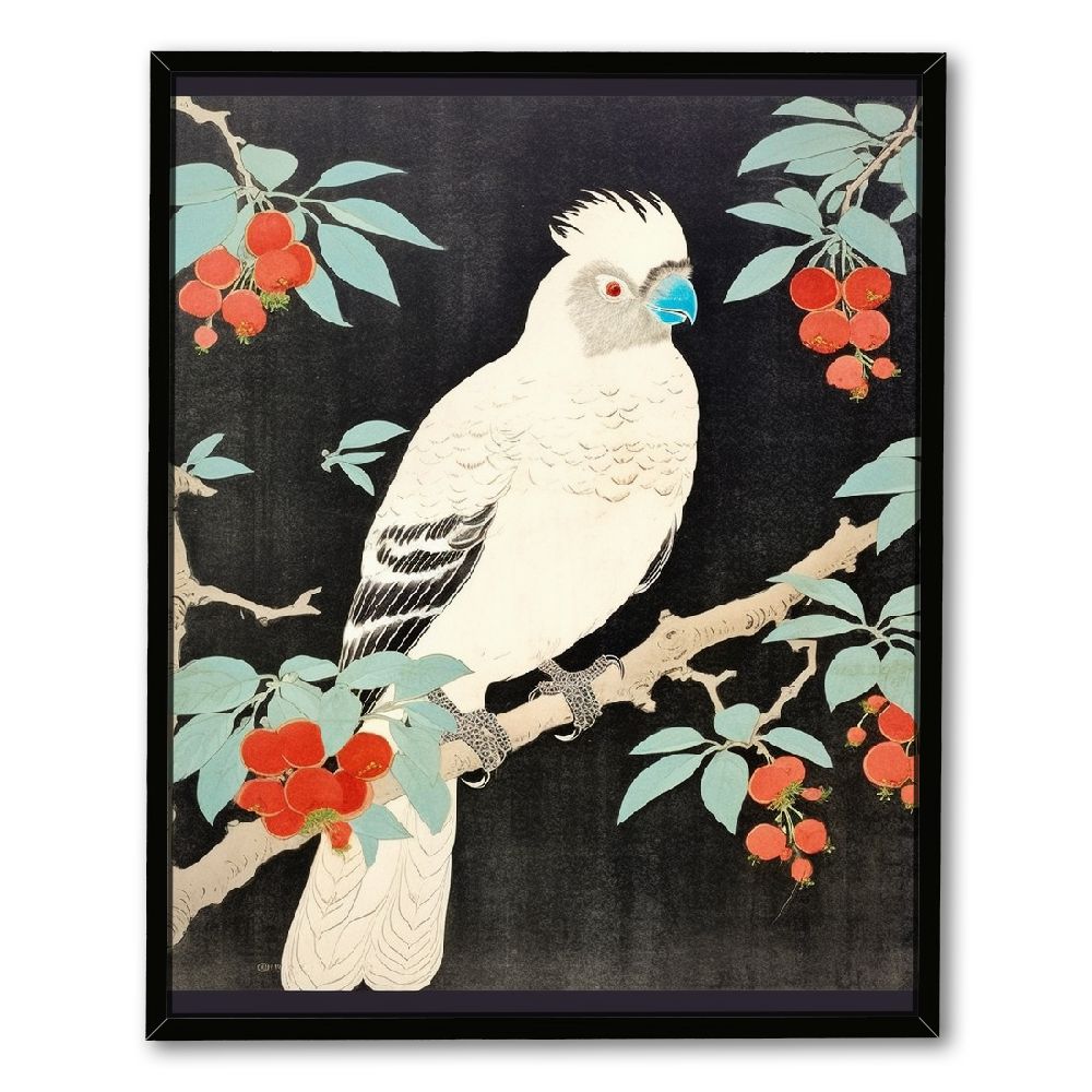 COMIO Japanese Art Ohara Koson Bird Painting, White Parrot Standing On ...