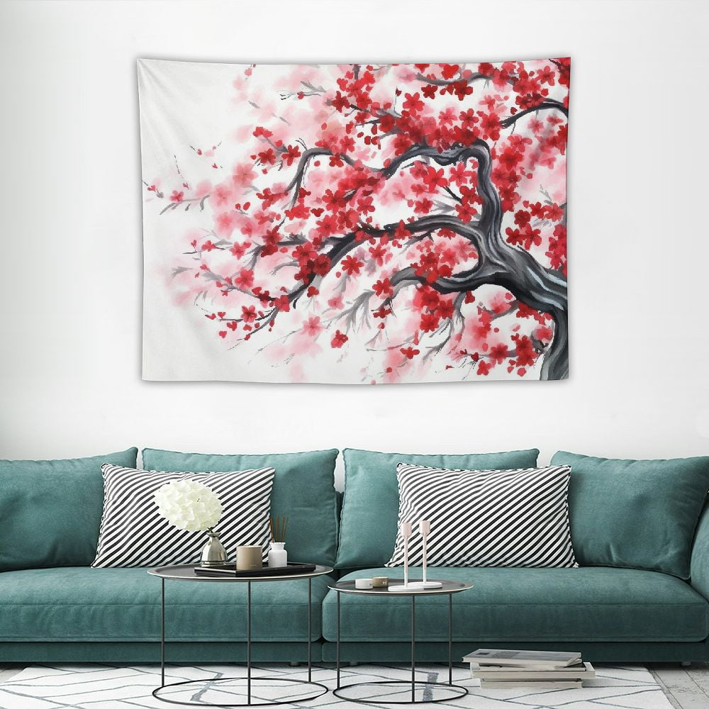 COMIO Japanese Cherry BlossomTapestry, Spring Plum Red Floral Sakura ...