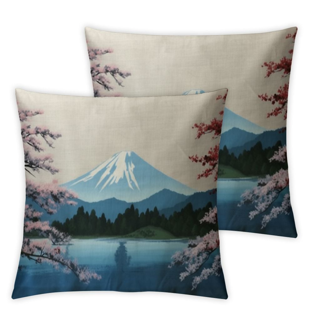COMIO Japanese Cherry Fuji Mountain Throw Pillow Covers Blue Wave Ocean ...