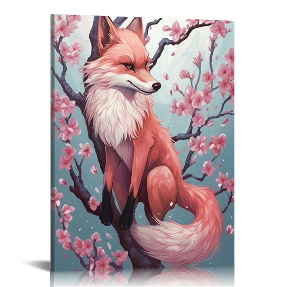 COMIO Japanese Decor Wall Art - Fox And Sakura retro Poster Canvas Wall ...