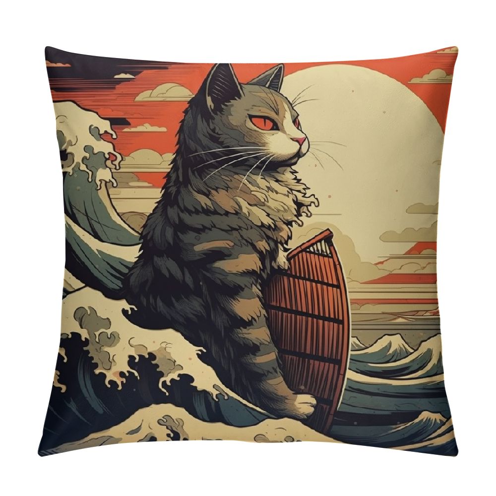 COMIO Japanese Retro Samurai cat The Wave by Hokusai Throw Pillow ...