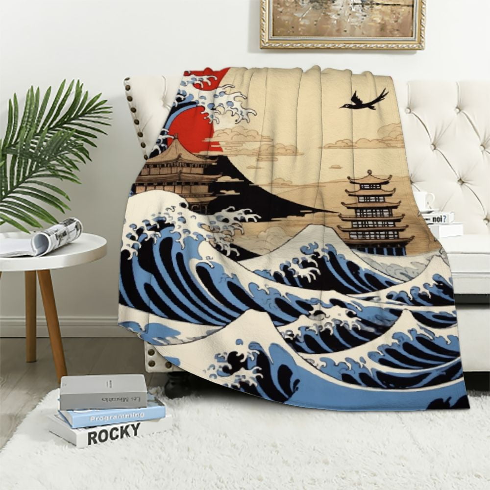 COMIO Japanese Ukiyoe Theme Throw Blanket Hokusai Pattern Plush Blanket ...