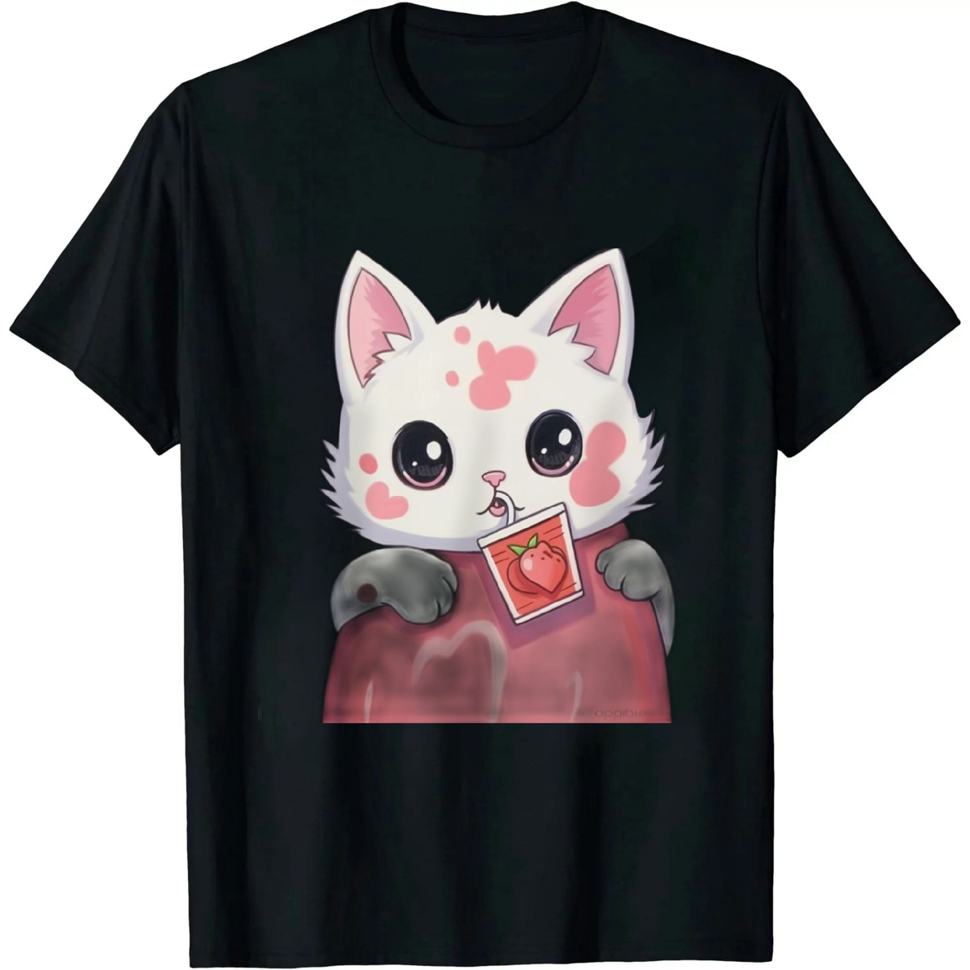 COMIO Kawaii Anime Cat Drinking Strawberry Milk Cute Japanese Neko T ...