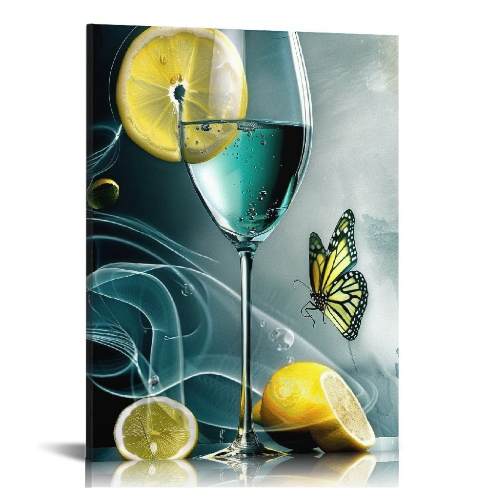 COMIO Kitchen Wall Art Teal Gray Wine Glass Canvas Print Dining Room ...