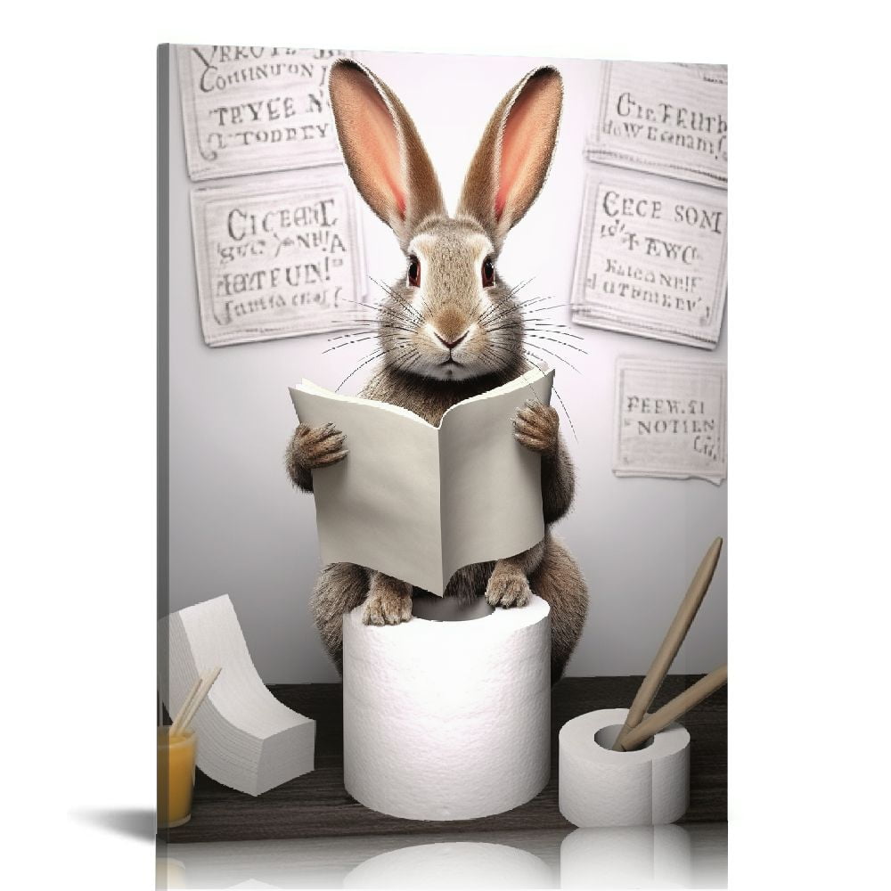COMIO LXLSMWA Bathroom Decor Rabbit Wall Art, Rabbit Reading Newspaper ...