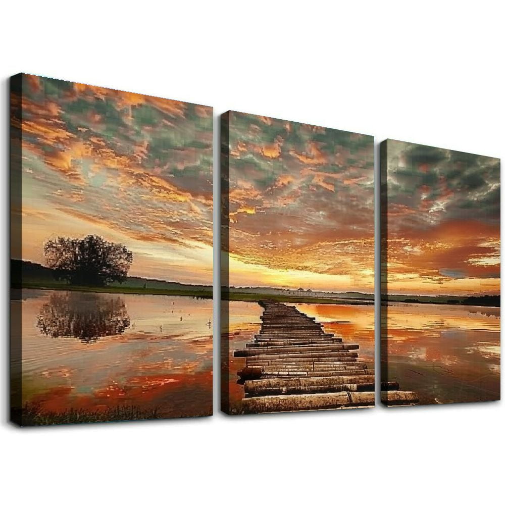 COMIO Lake Bridge Canvas Picture Artwork: Wooden Bridge Painting Sunset ...
