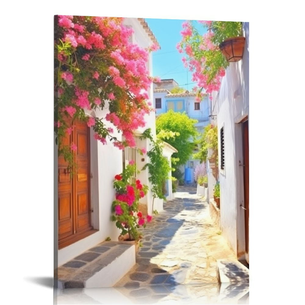 COMIO Large Canvas Wall Art beautiful narrow street with bougainvillea ...