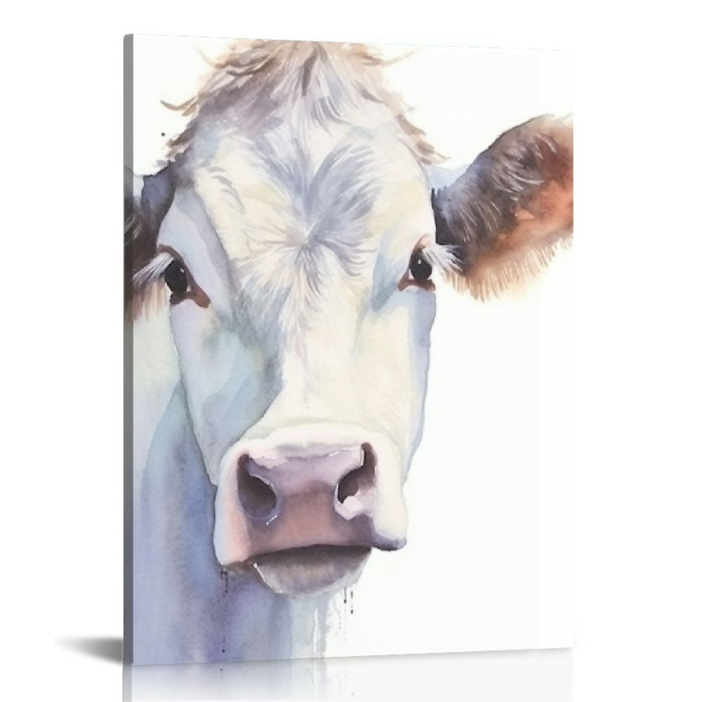 COMIO Large Cow Head Animal Blue Watercolor Painting Canvas Wall Art ...