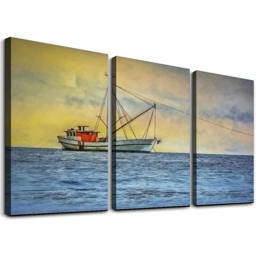 COMIO Large Framed Wall Art Ready to Hang Shrimp Boat Trolling Canvas ...