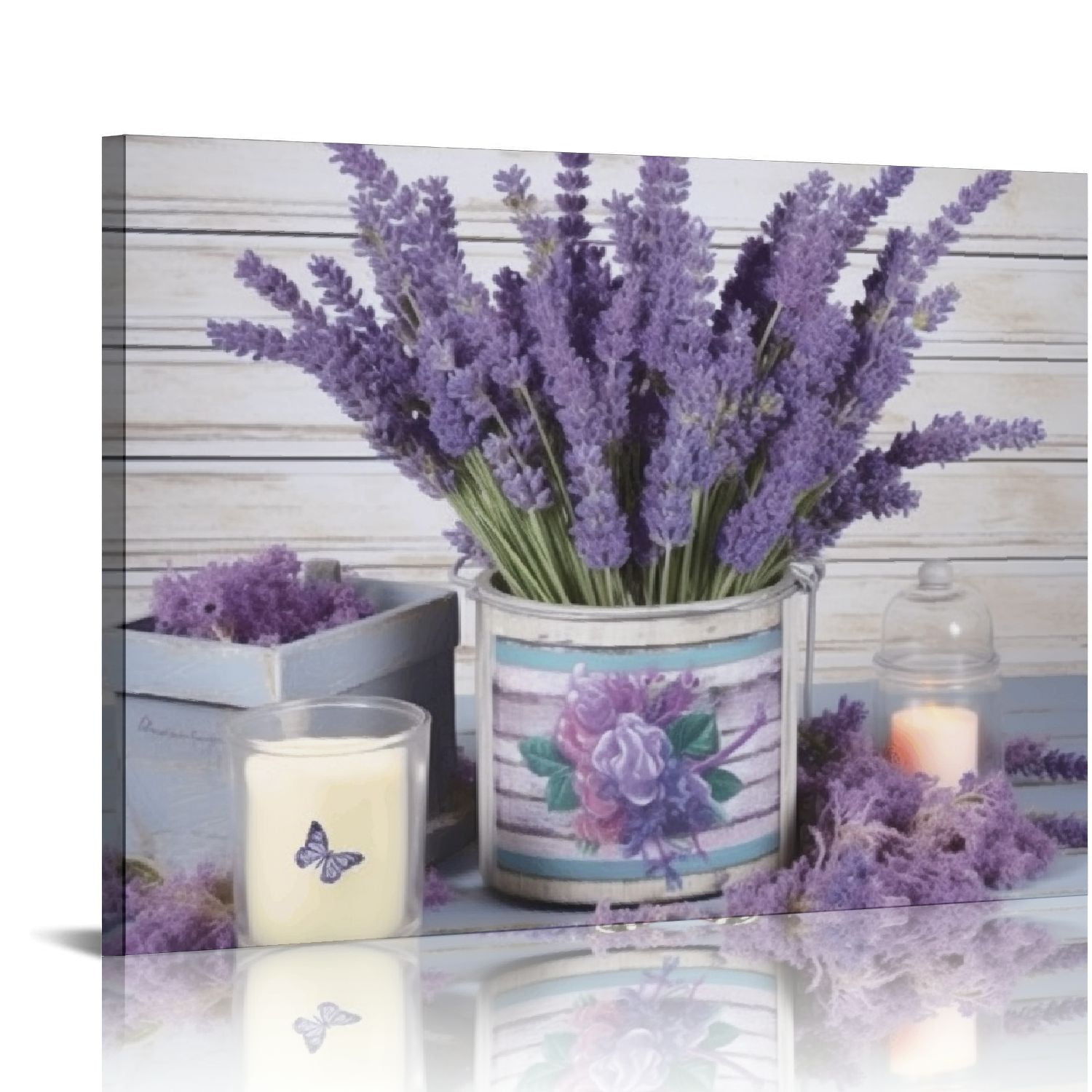 COMIO Lavender Canvas Wall Art Country Lavender Flower Butterfly Candle ...