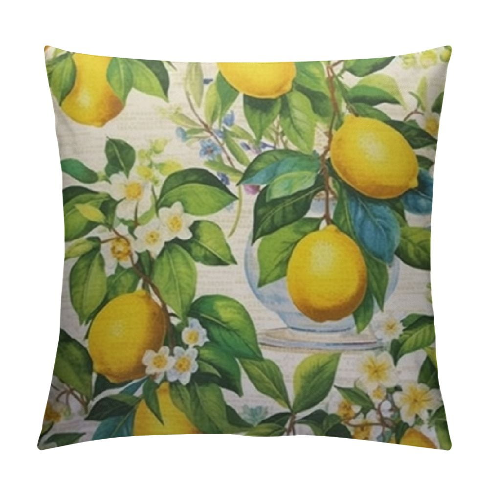 COMIO Lemon Throw Pillow Cover Fruits and Leaves Floral Fabric for ...