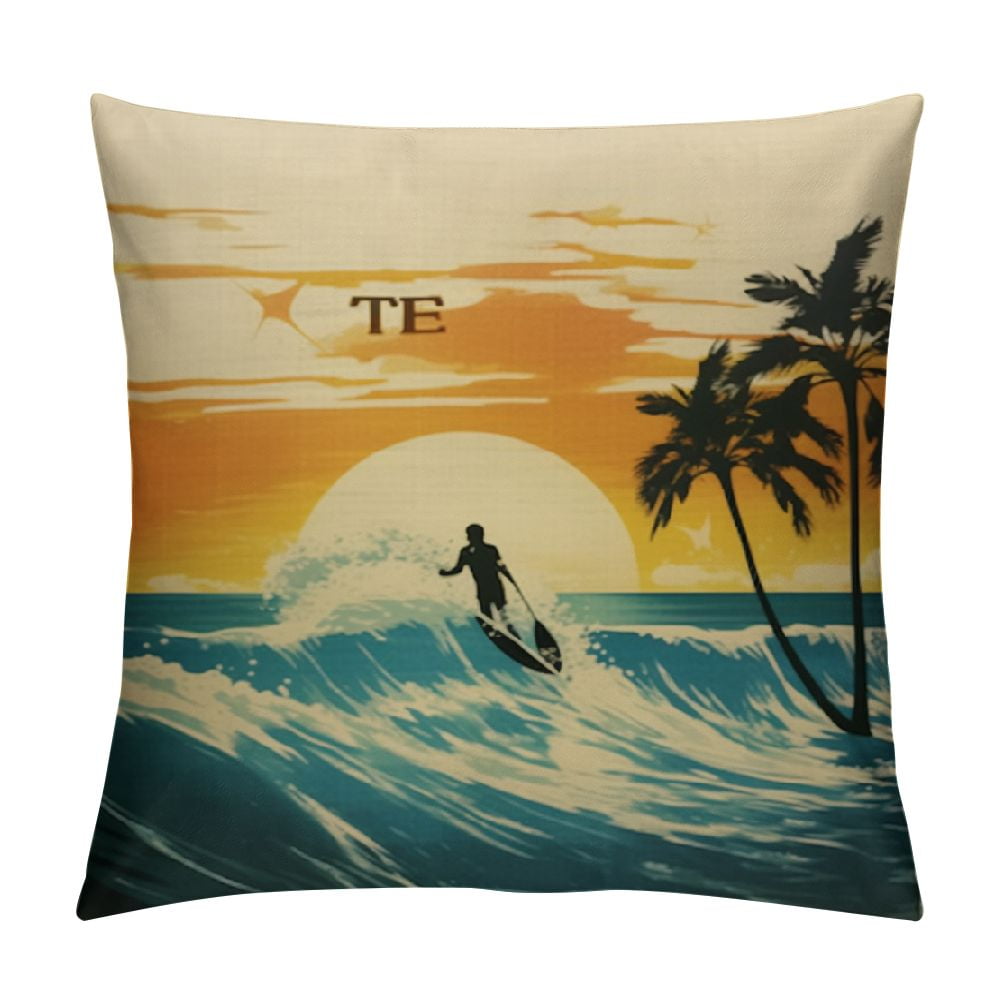 COMIO Less Work More Surfing Surfer with Surfboard Ocean Wave Palm Tree ...