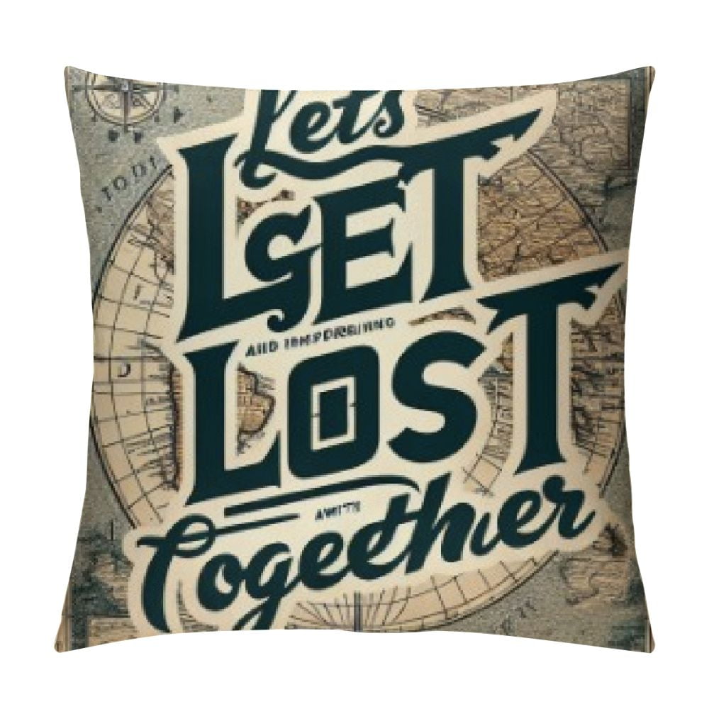 QZHH Let's Get Lost Together Pillow Cover Mid Century World Map Square ...