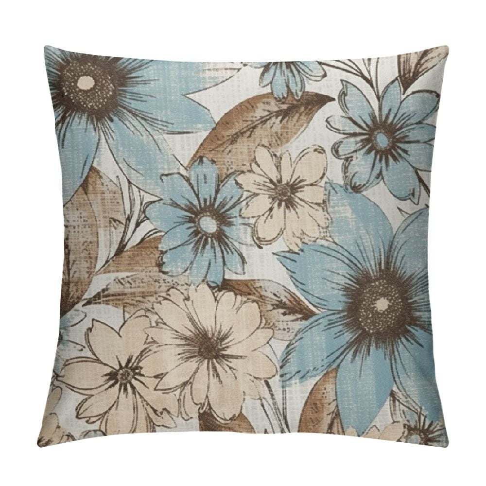 Comio Light Blue And Brown Pillow Covers Retro Sunflower Flowers Print