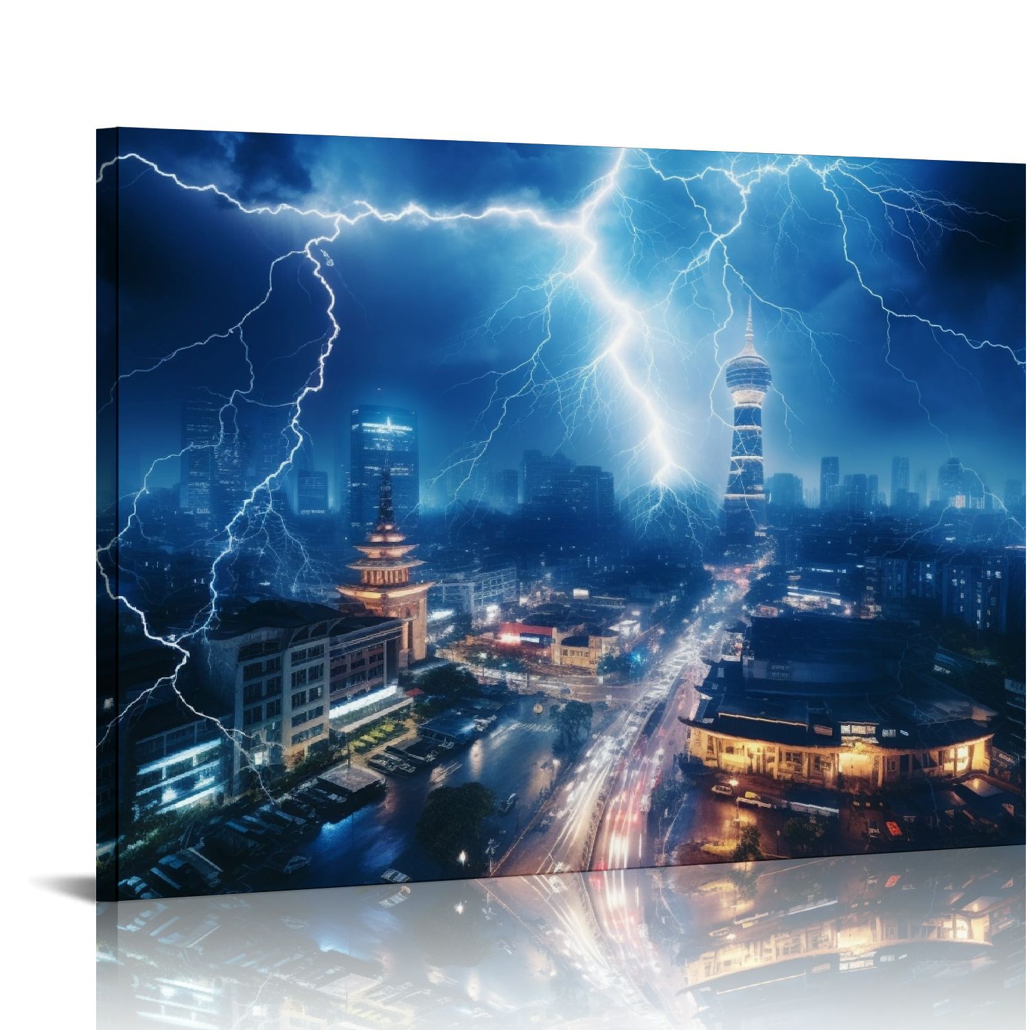 COMIO Lightning Over City Photography Canvas Wall Art - Picture Print on Canvas Art Modern Art ...