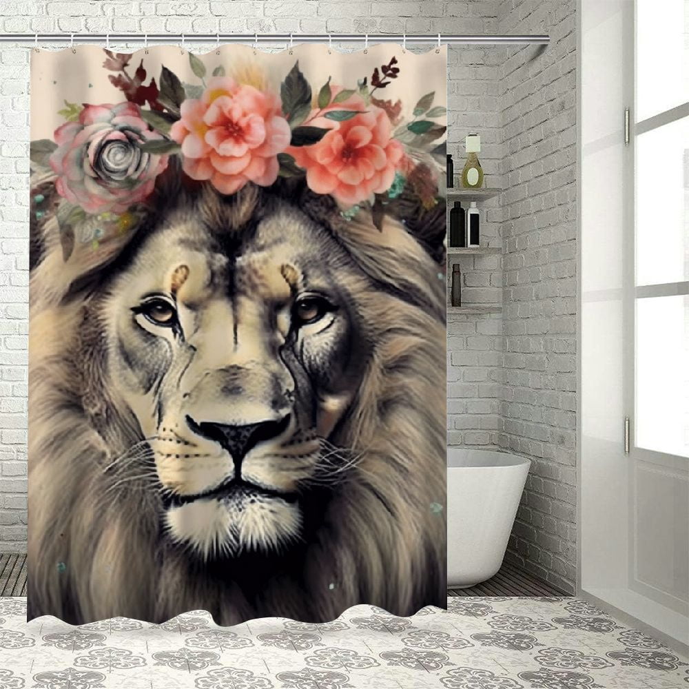COMIO Lion Adorable Animal with Beautiful Flower Wreath Shower Curtain ...