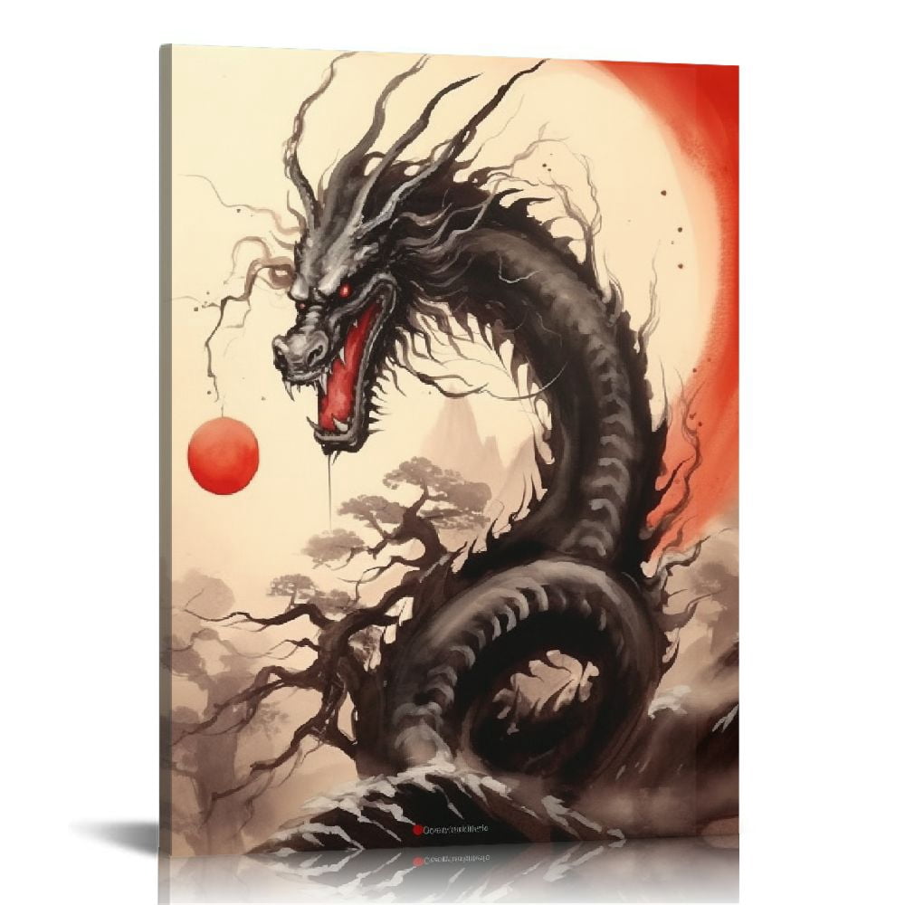 COMIO Living room wall art canvas black dragon and red sun Bedroom wall ...