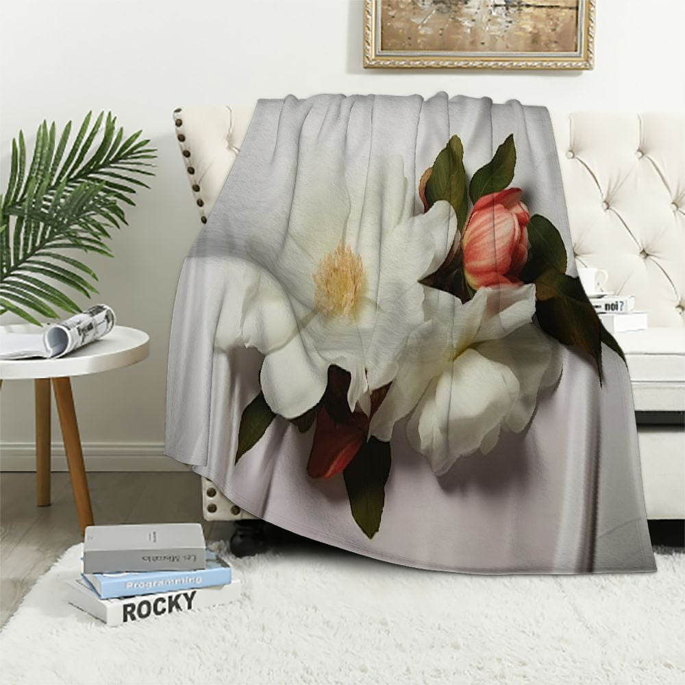 COMIO Magnolia Flower Throw Blanket White Magnolias Floral Green Leaf ...