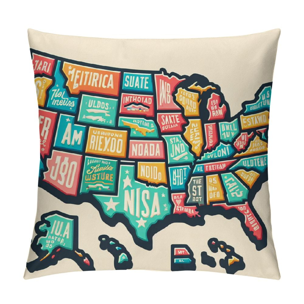 YANMS Map Pillow Sham, USA Map with Name of States in America Geography ...