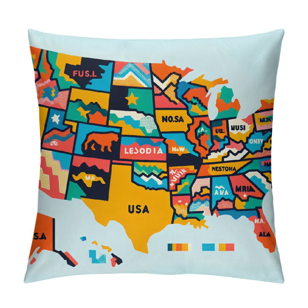 YANMS Map Pillow Sham, USA Map with Name of States in America Geography ...