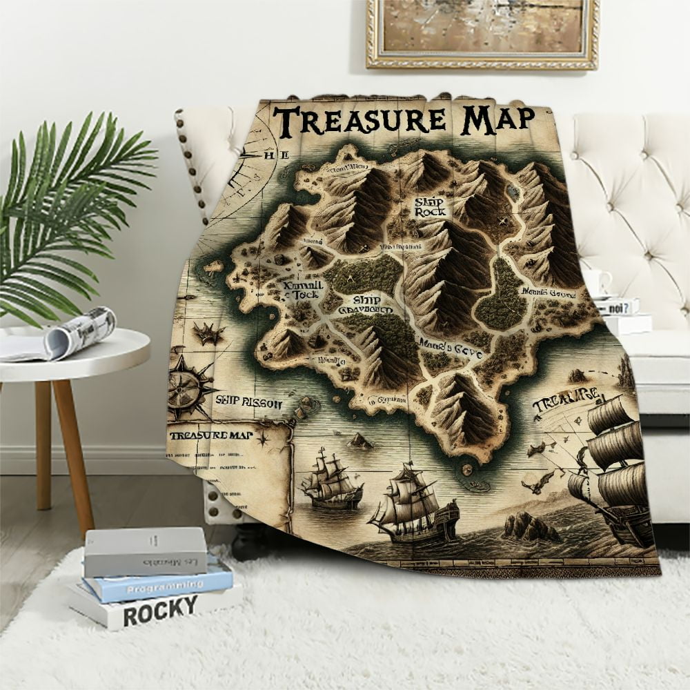 COMIO Map Throw Blanket Treasure Map and Pirate Emblem Sailboat Compass ...